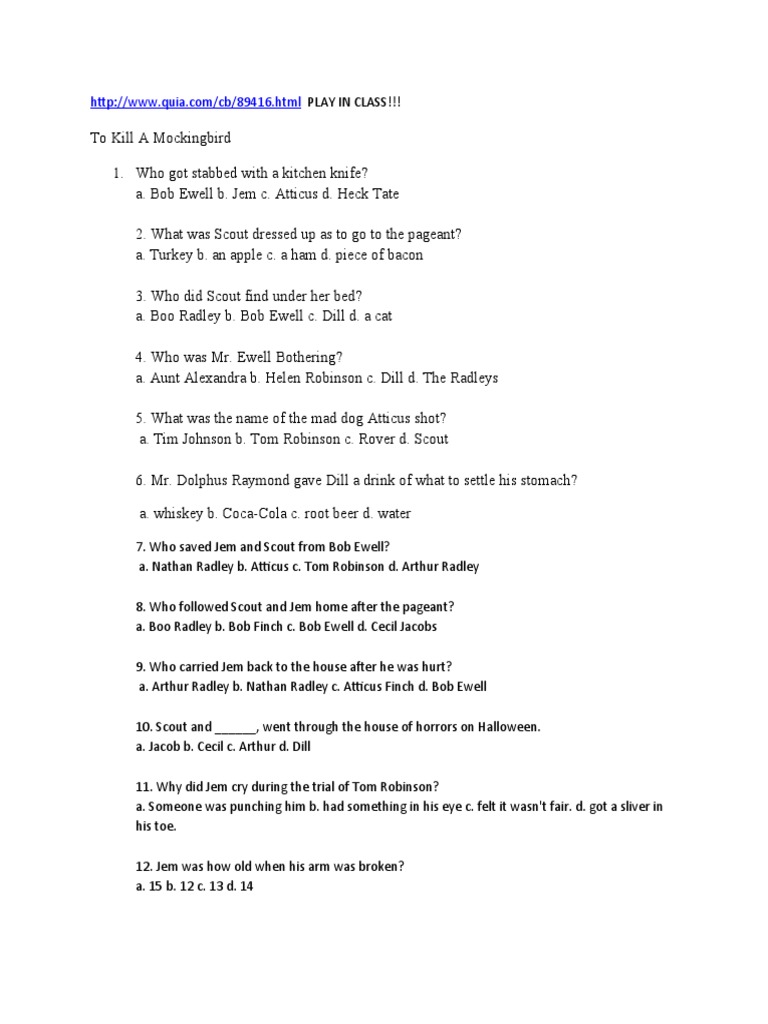 To Kill a Mockingbird Quiz Questions | PDF | To Kill A Mockingbird