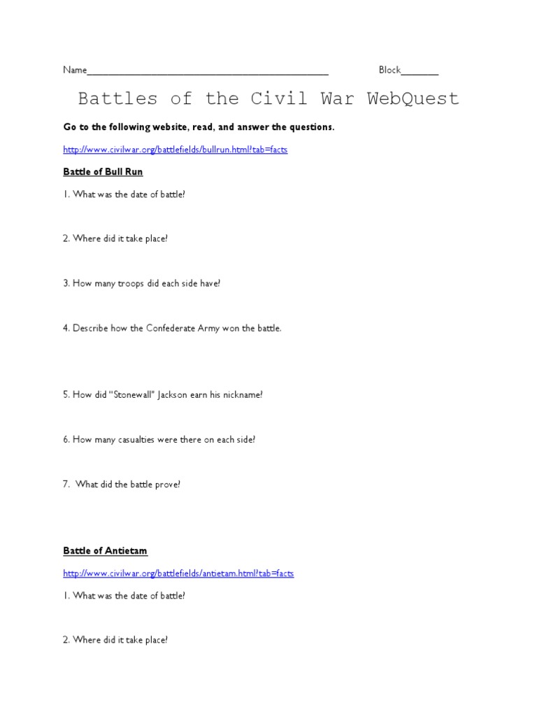 Battleofthe Civil War Web Quest | PDF | Battle Of Gettysburg | American ...