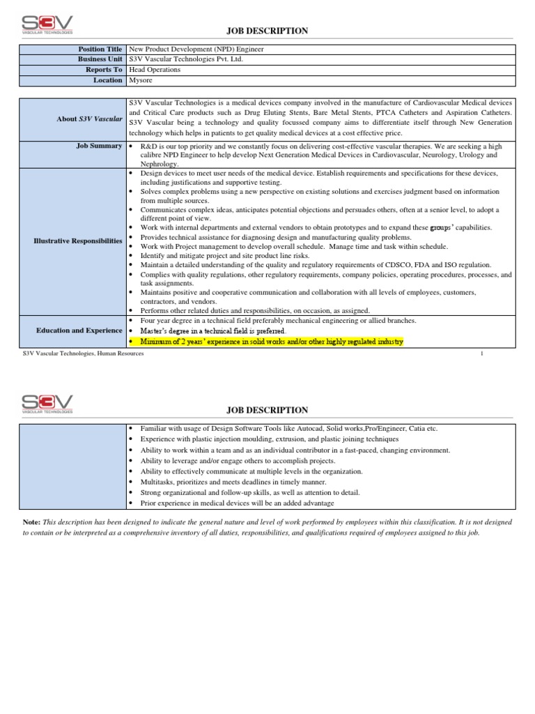 JD - NPD Engineer | PDF | Medical Device | Engineering