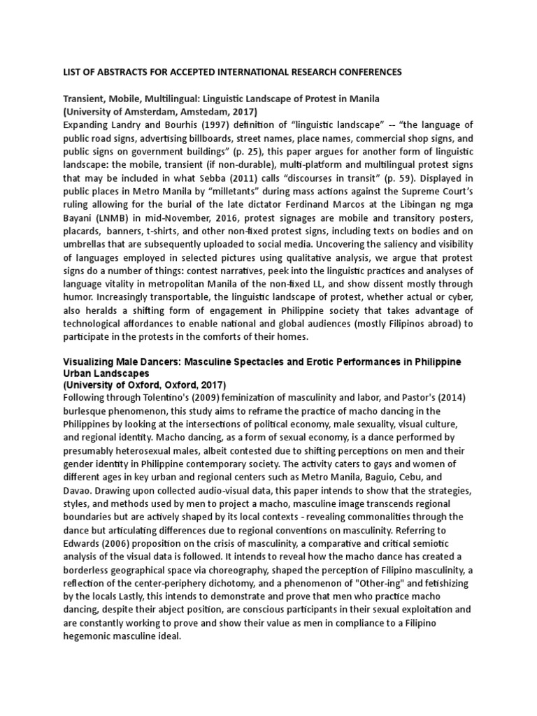 List of Abstracts For Accepted International Research Conferences | PDF | Masculinity | Machismo