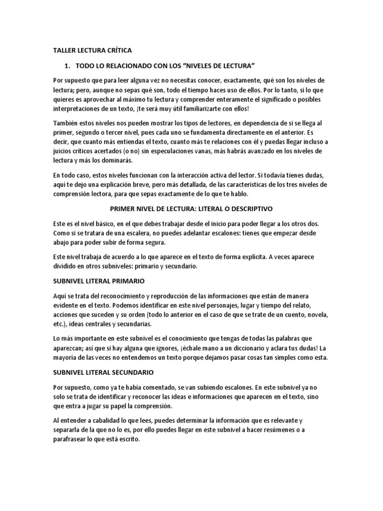 Niveles de Lectura Crítica Explicados | PDF | Comprensión lectora ...