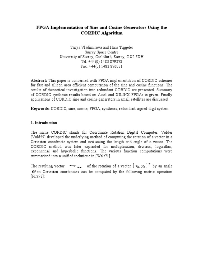 FPGA Implementation of Sine and Cosine Generators Using The CORDIC Algorithm | PDF
