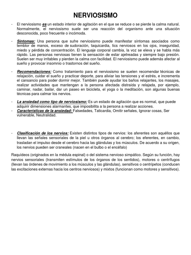 Los síntomas y tratamientos del nerviosismo y la ansiedad | PDF