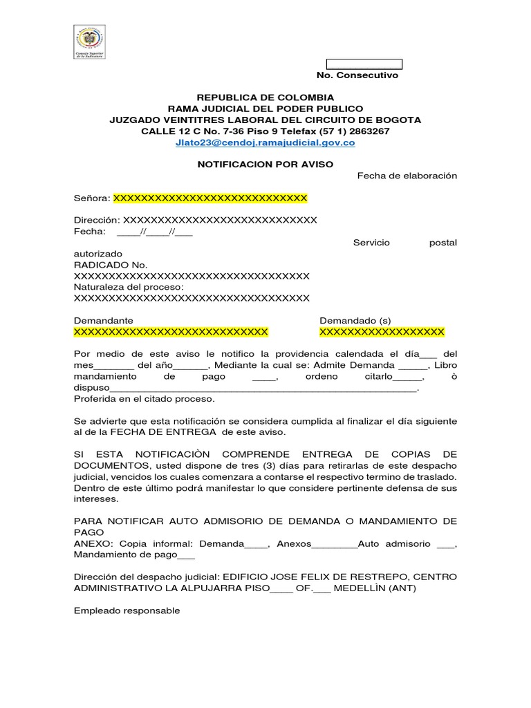 Modelo Notificacion Por Aviso CGP 292 | PDF Modelo Notificacion Por Aviso CGP 292 | PDF
