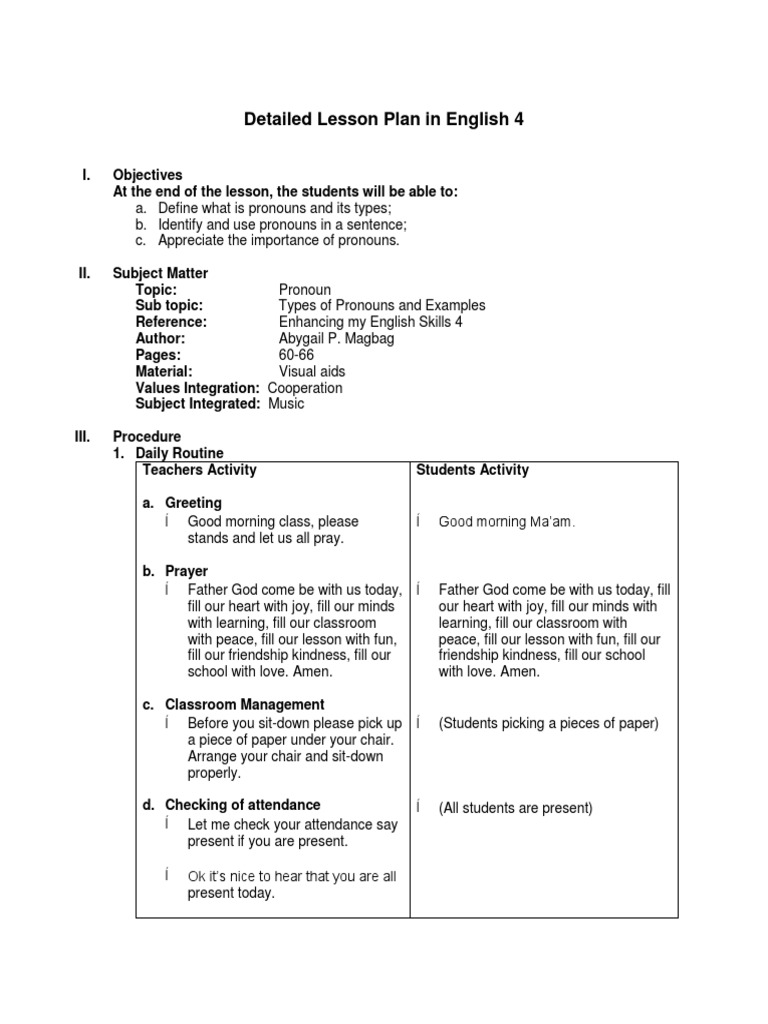 Detailed Lesson Plan on Pronouns | PDF | Pronoun | Lesson Plan