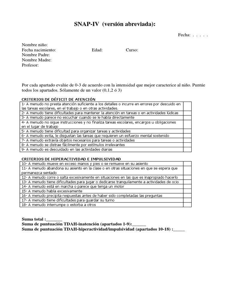 SNAP-IV Abreviada PDF | PDF | Desorden hiperactivo y deficit de ...