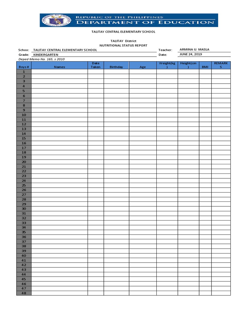 Nutritional Status Form Blank
