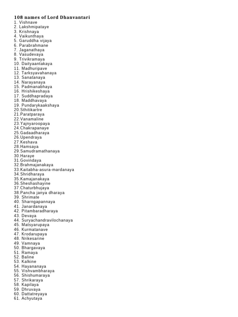 108 Names of Lord Dhanvantari | PDF | Vishnu | Hindu Literature