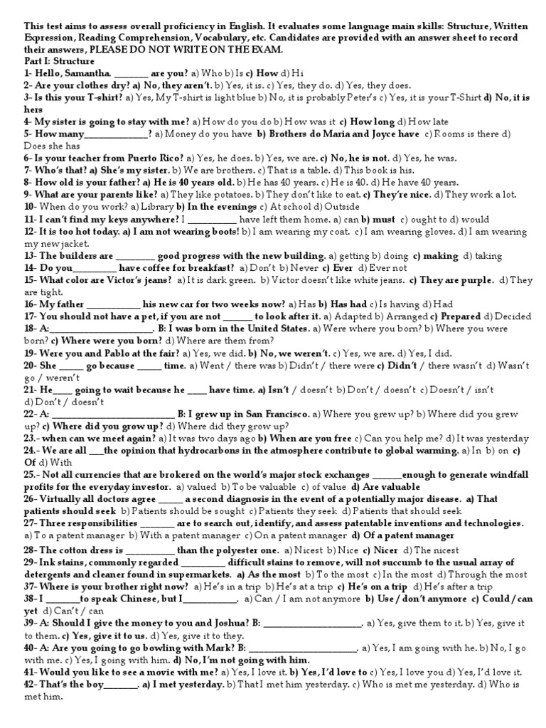 English Proficiency Test Questions | PDF | Marie Curie | Fetus
