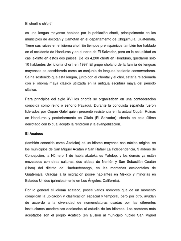 Origen y situación del idioma chortí | PDF | Tipología Lingüística ...