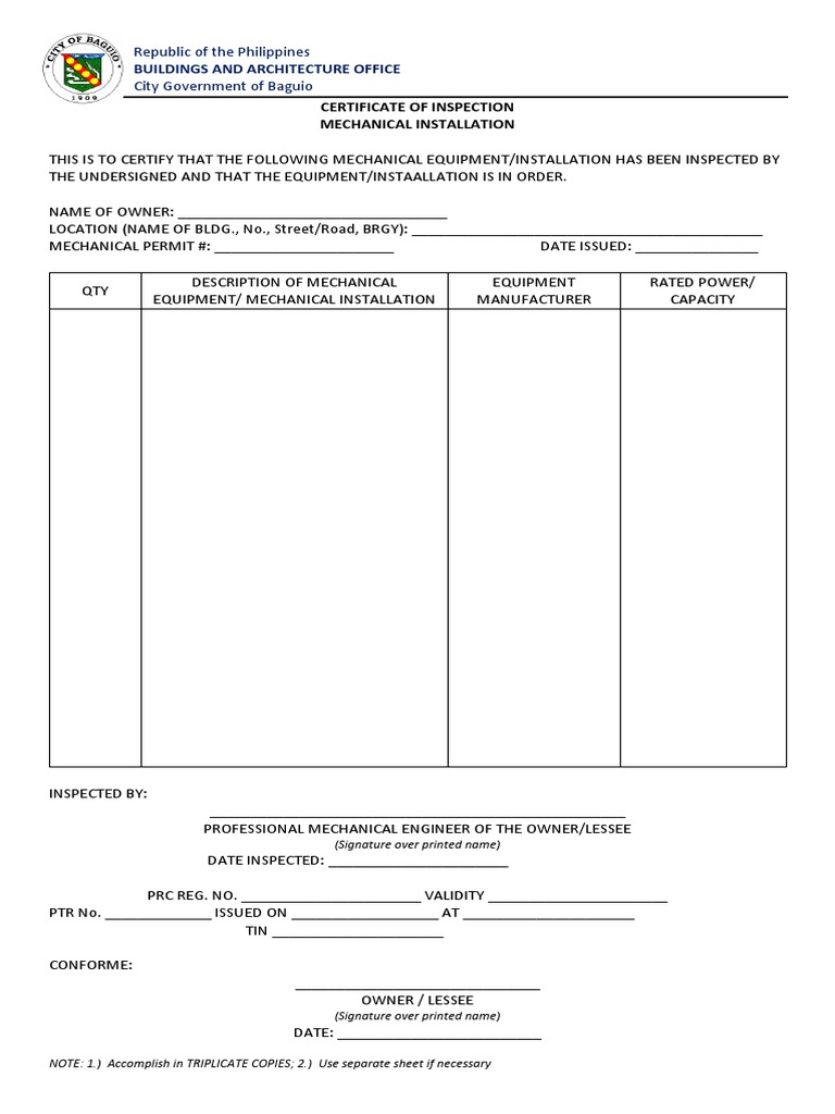 Certificate of Inspection Mechanical Installation