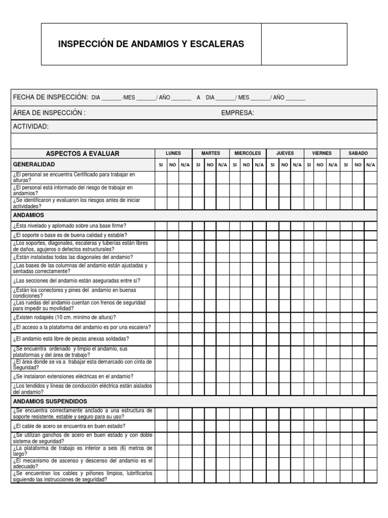 Formato Inspección de Andamios y Escaleras | PDF | Andamio