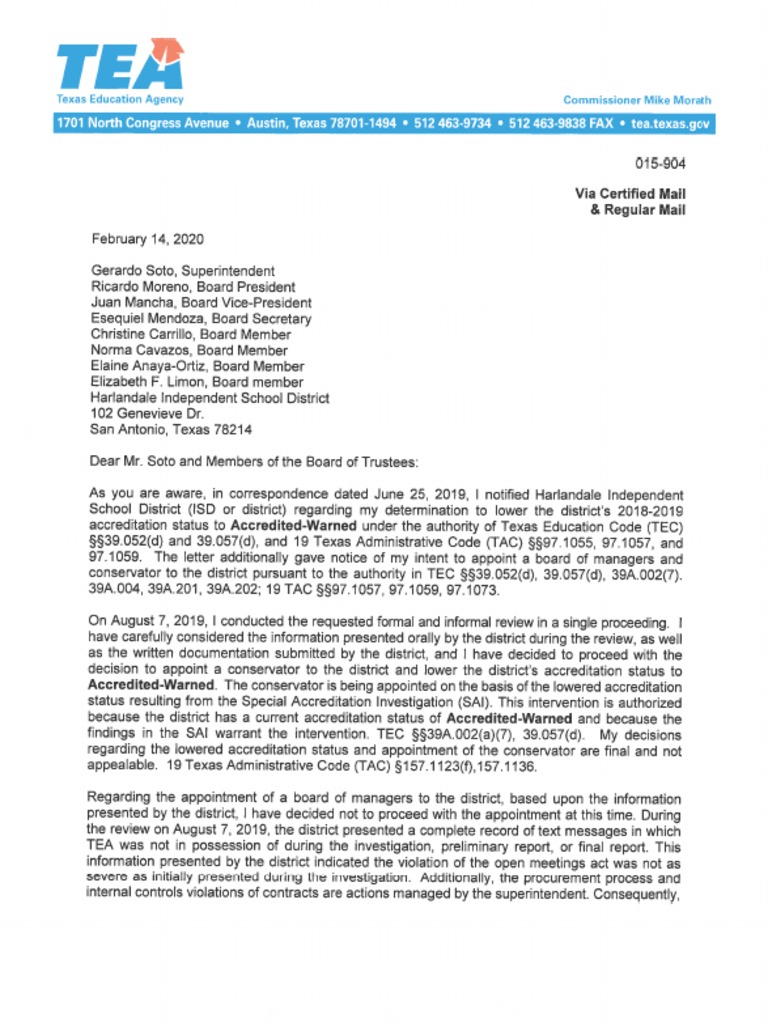TEA Letter To Harlandale ISD | PDF | Per Diem | Government