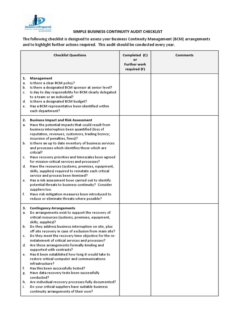 Simple Business Continuity Audit Checklist | PDF | Business | Economies