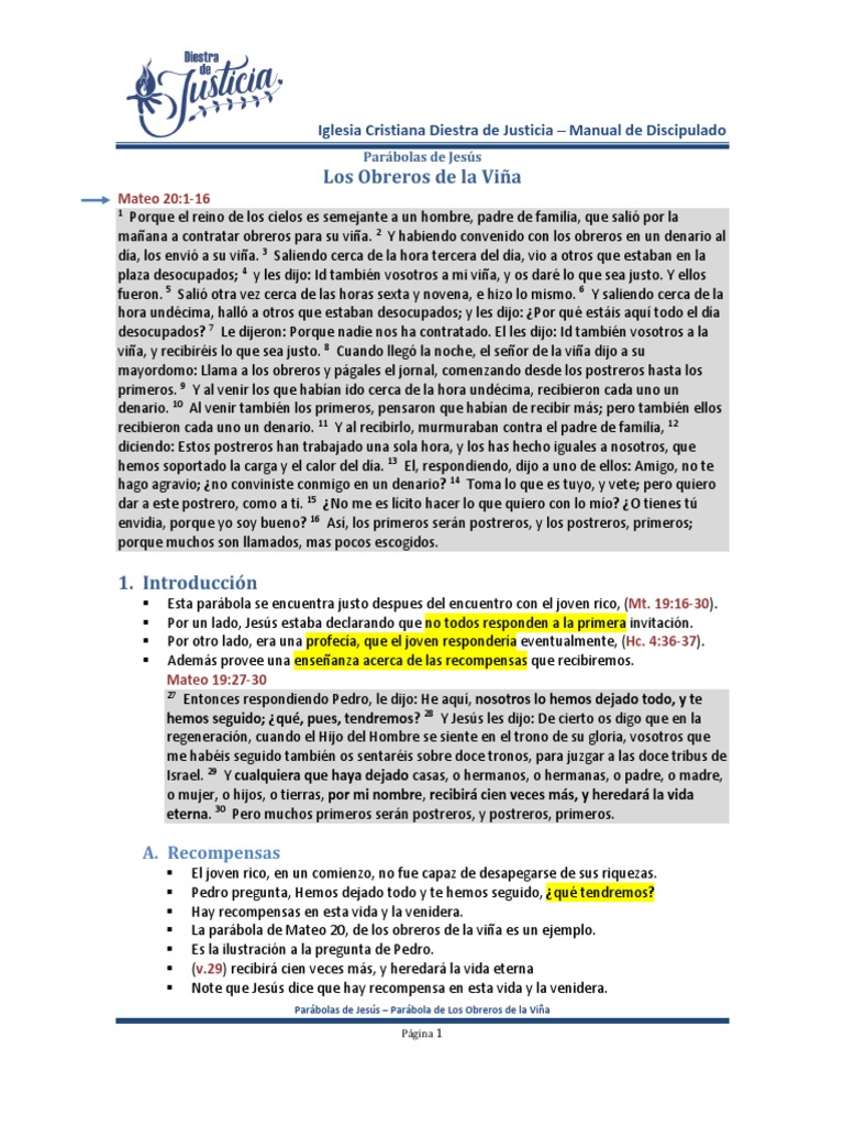 Parábola - Los Obreros de La Viña PDF | PDF | Parábolas de Jesús ...