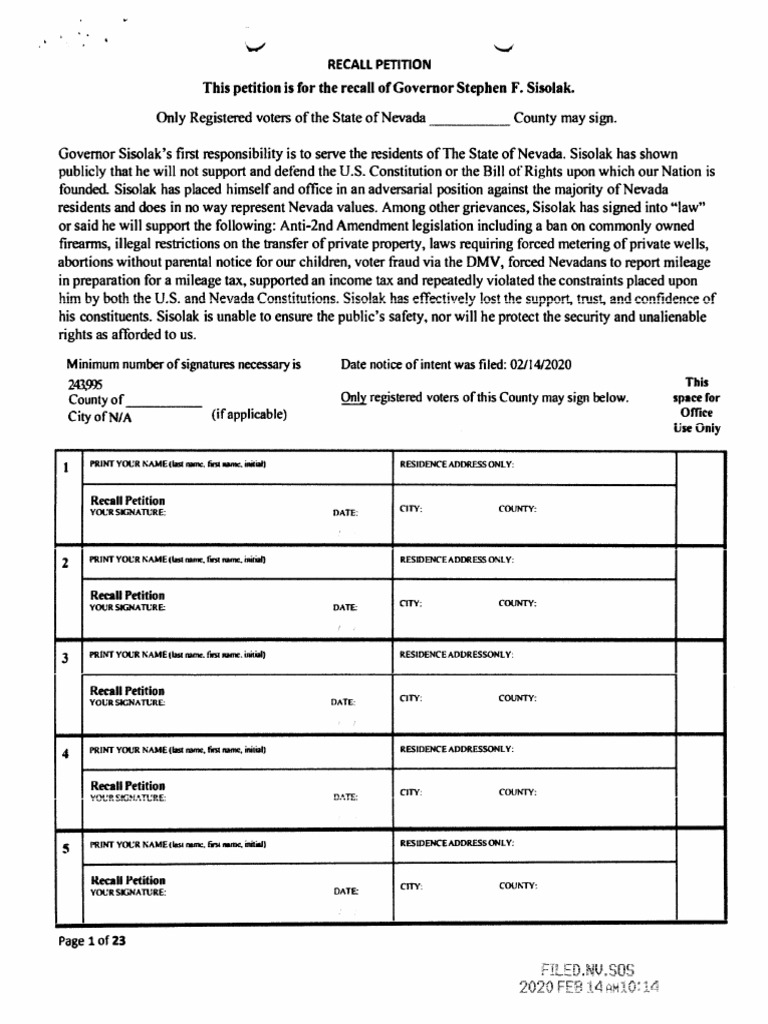 Recall Petition for Governor Sisolak | PDF | Petition | Public Law