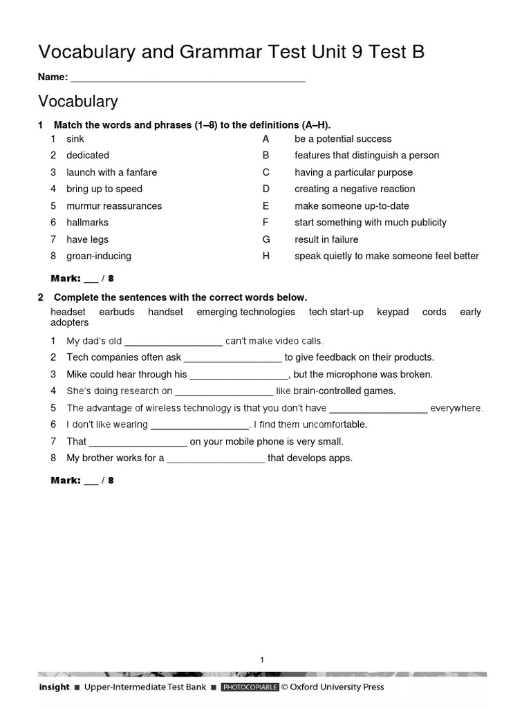 Vocabulary & Grammar Test Unit 9 Test B | PDF