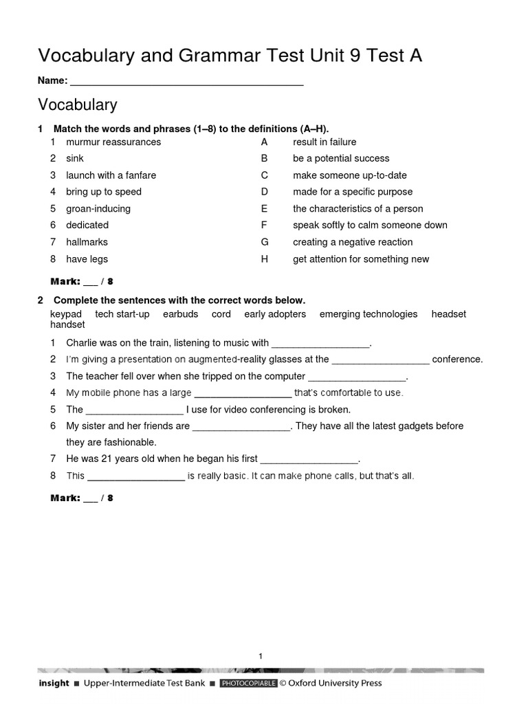 Vocabulary & Grammar Test Unit 9 Test A | PDF | Communication