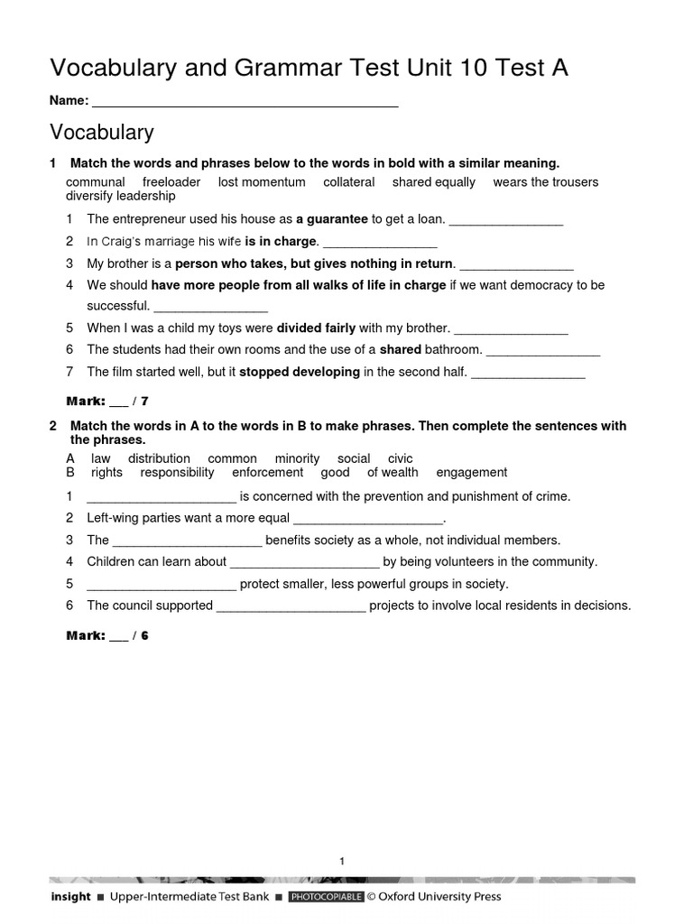 Vocabulary & Grammar Test Unit 10 Test A | PDF | Phrase | Voter Turnout
