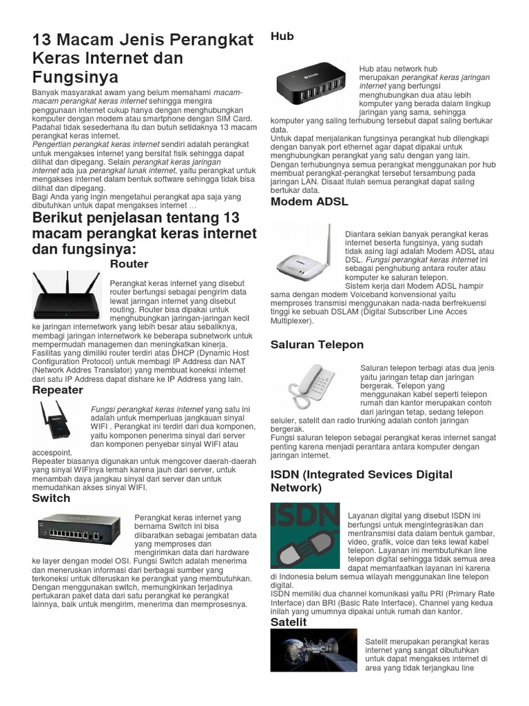 13 Macam Jenis Perangkat Keras Internet Dan Fungsinya | PDF