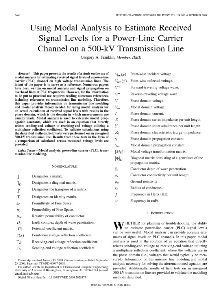 Using Modal Analysis To Estimate Received Signal Levels For A Power-Line Carrier | PDF ...