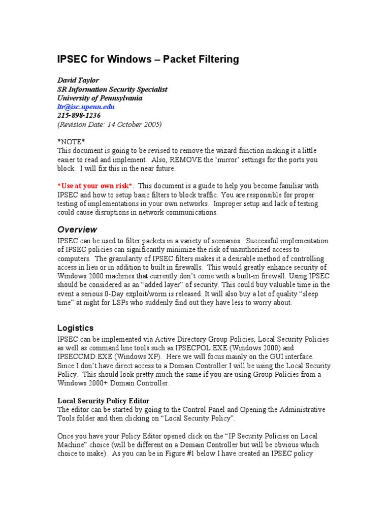 IPSEC For Windows - Packet Filtering | PDF | Port (Computer Networking ...