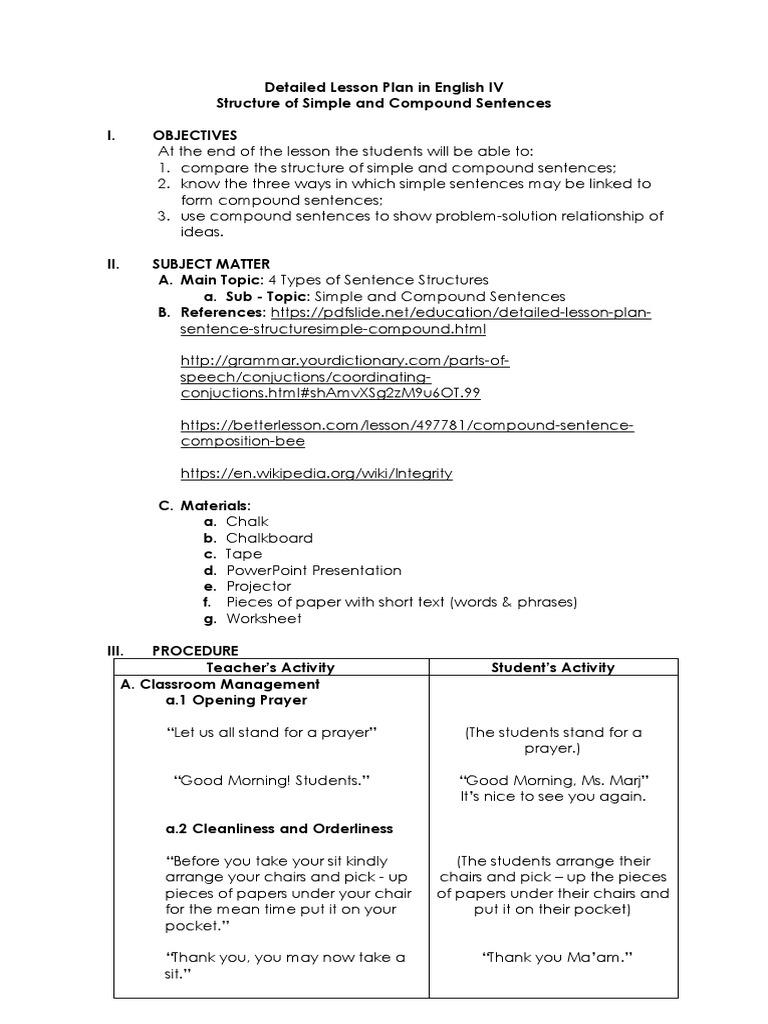 Detailed Lesson Plan in English IV - COMPOUND SENTENCE | PDF | Subject ...