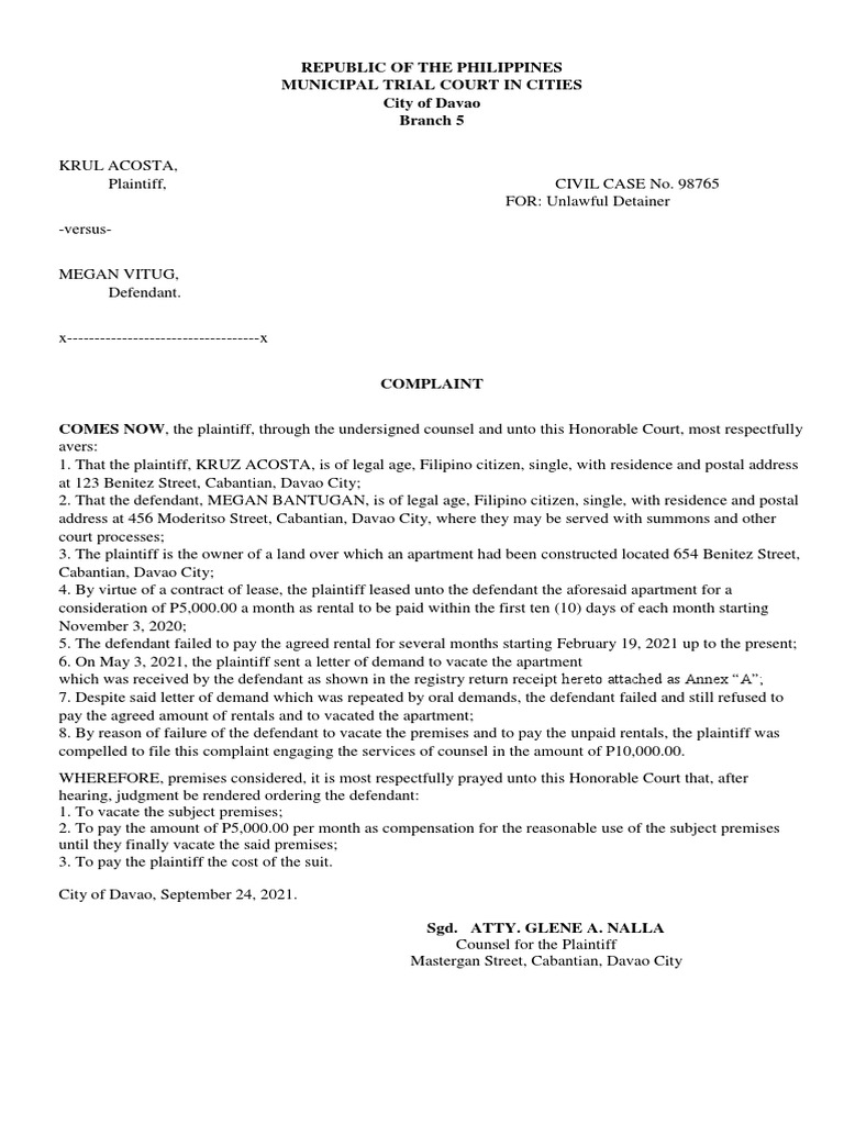 Complaint For Unlawful Detainer | PDF | Affidavit | Lawsuit