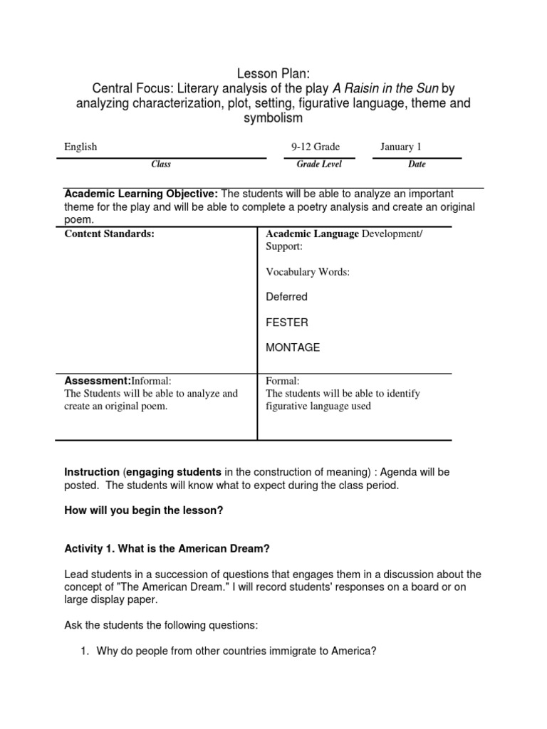 1 1 A Raisin in The Sun Lesson Plan | PDF | Verb | Question