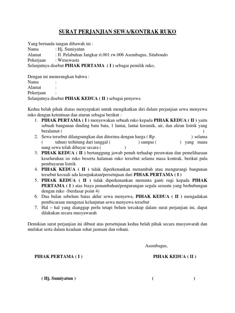 Surat Perjanjian Sewa Ruko | PDF