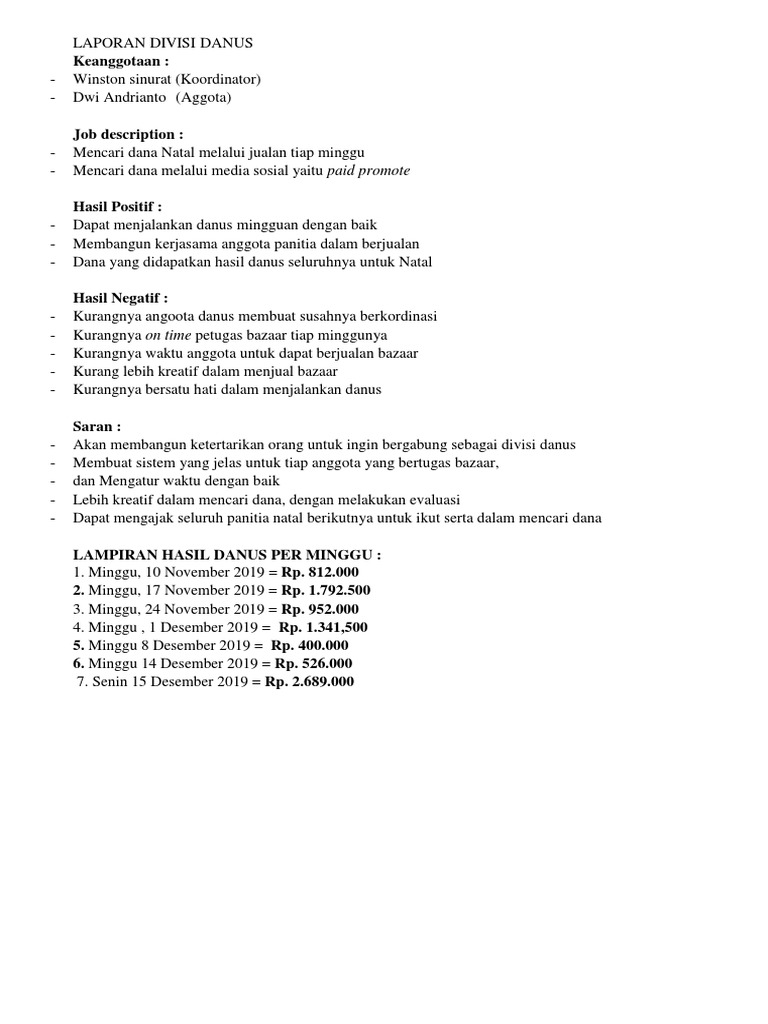 Laporan Divisi Danus | PDF