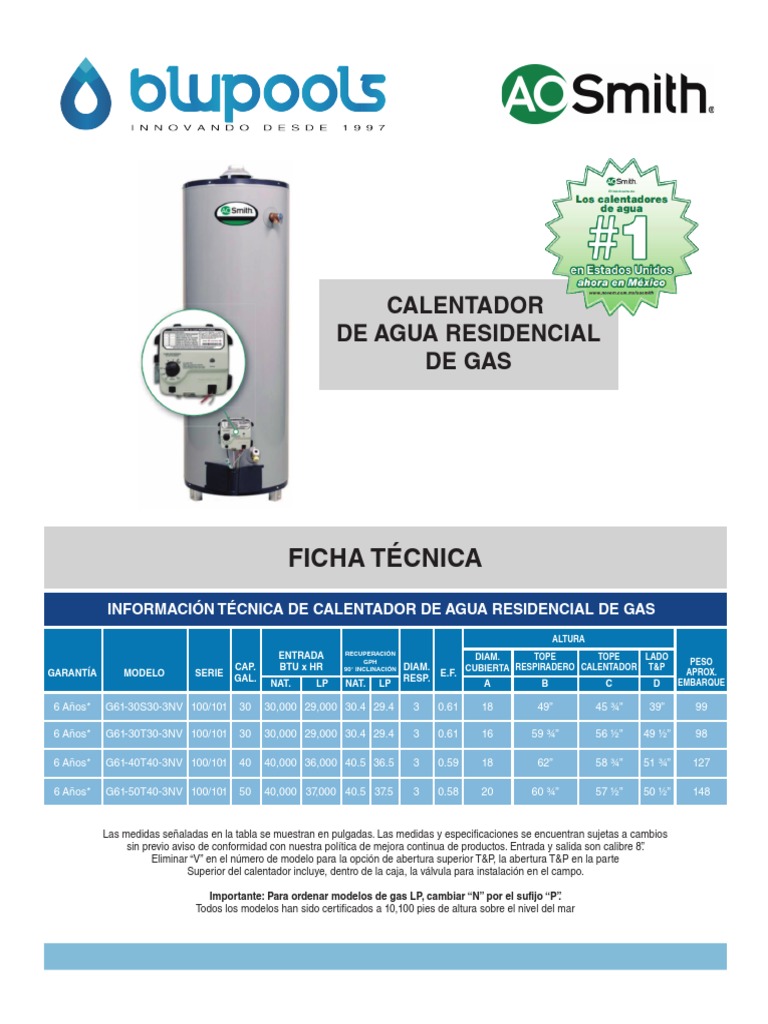 Ficha Tecnica Calentador De Agua Residencial Glp Pdf Caldera