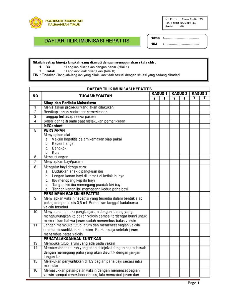 Daftar Tilik Imunisasi Hepatitis Anak | PDF
