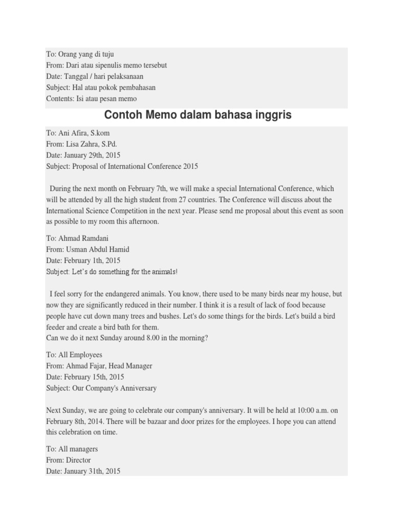 Contoh Memo Dalam Bahasa Inggris