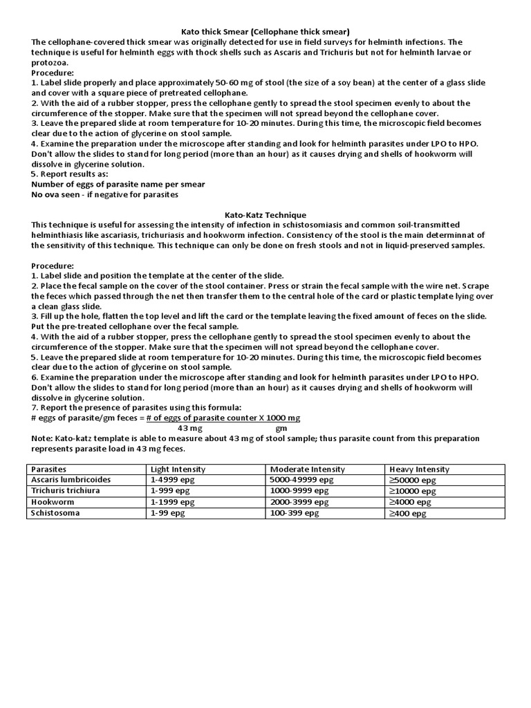 Kato-Katz and Cellophane Thick Smear Techniques for Parasite Detection ...