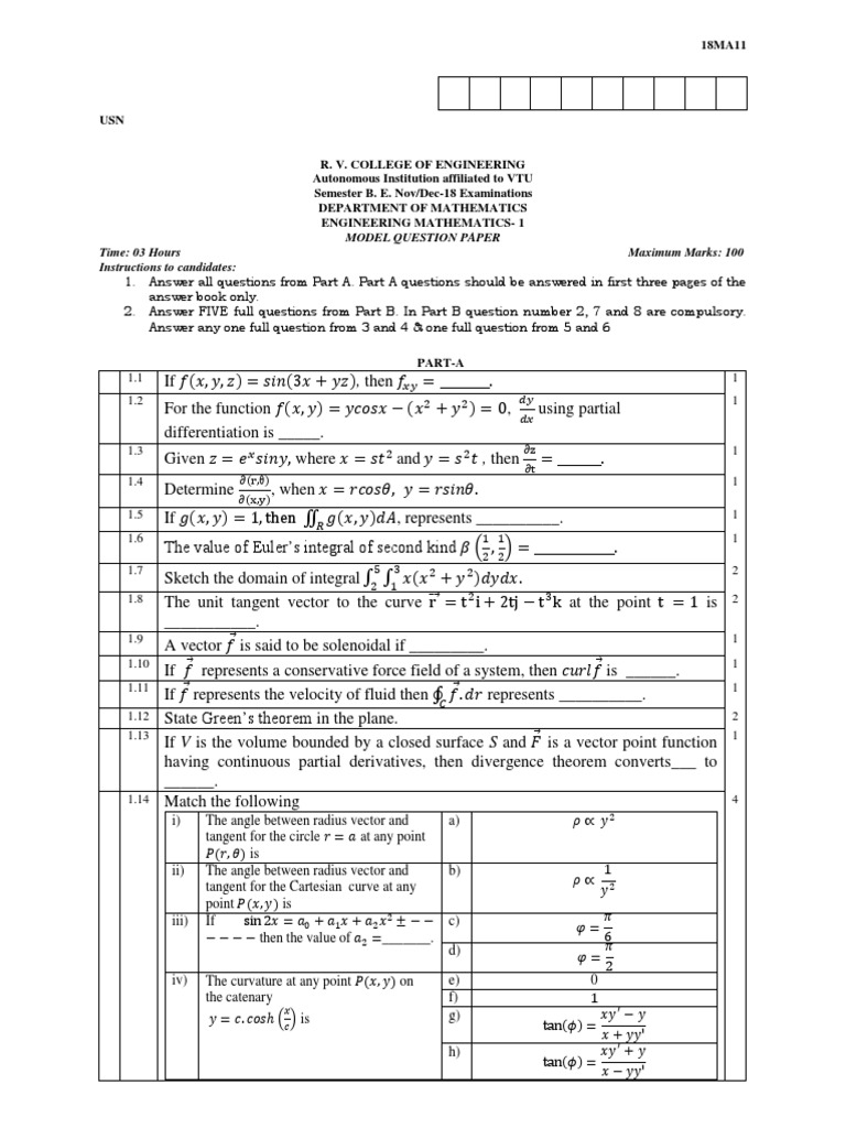 Engineering Mathematics 1 Model Paper | PDF | Volume | Integral