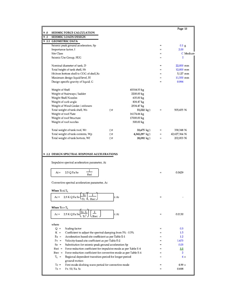 Sample Seismic Calculation For Tank PDF | PDF