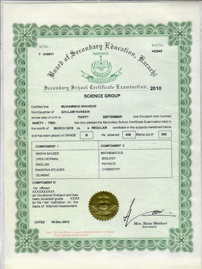 Matric Certificate PDF | PDF
