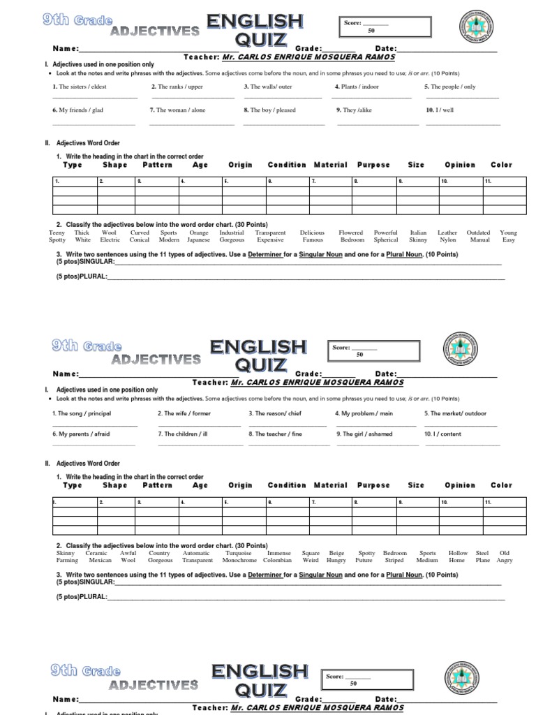 Adjectives Order Quiz | PDF | Adjective | Grammatical Number