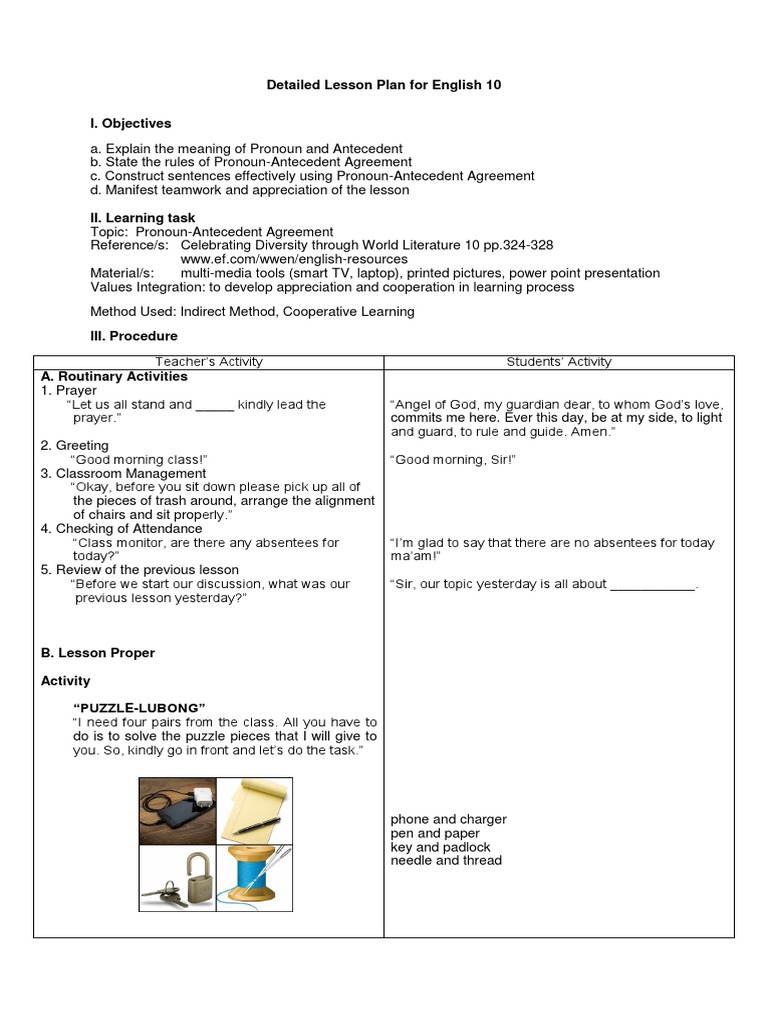 Pronoun-Antecedent Agreement Lesson Plan | PDF | Grammatical Number ...