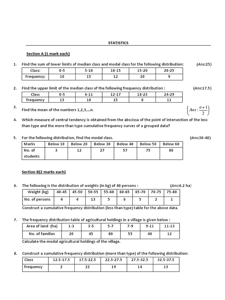 Class 10 Statistics Worksheet | PDF | Arithmetic Mean | Median
