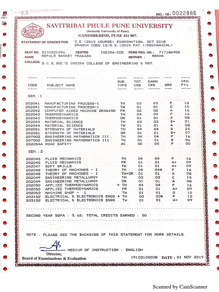 Demo of Student Marksheet of Sppu | PDF