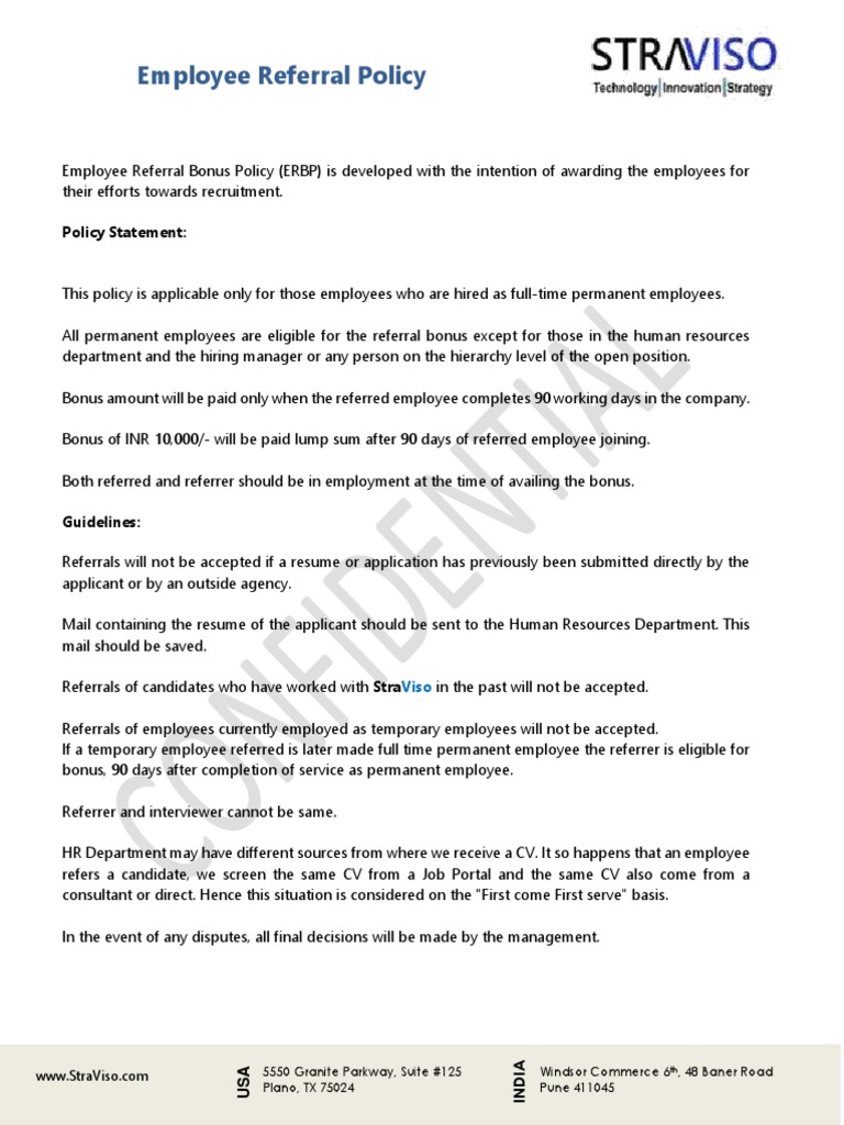 StraViso - Employee Referal Policy 102218 | PDF