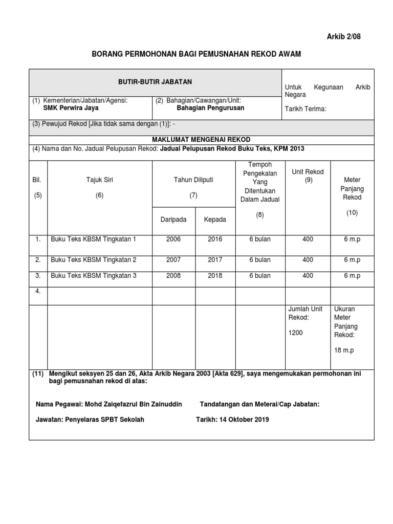 BORANG PERMOHONAN BAGI PEMUSNAHAN REKOD AWAM-208-contoh | PDF