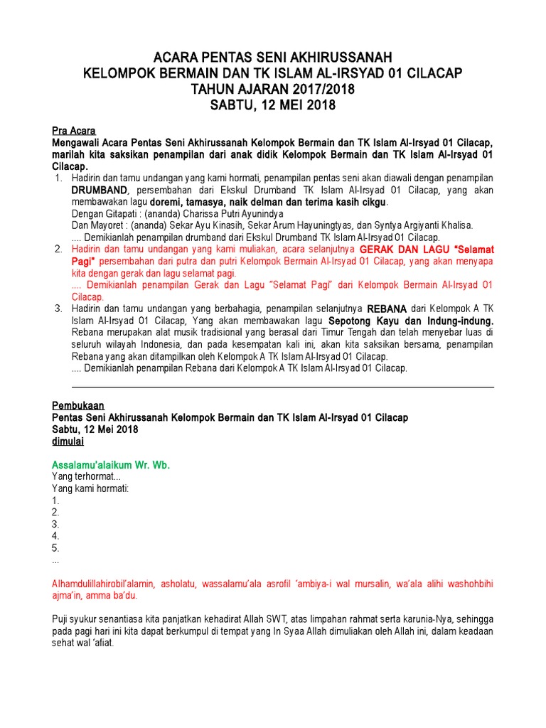 MC Pentas Seni TK Islam Al-Irsyad 01 Cilacap | PDF