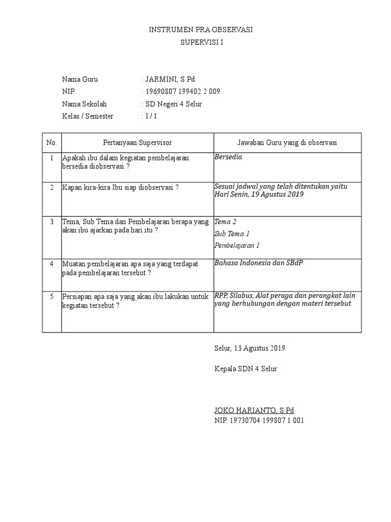 Instrumen Observasi Dan Supervisi I | PDF