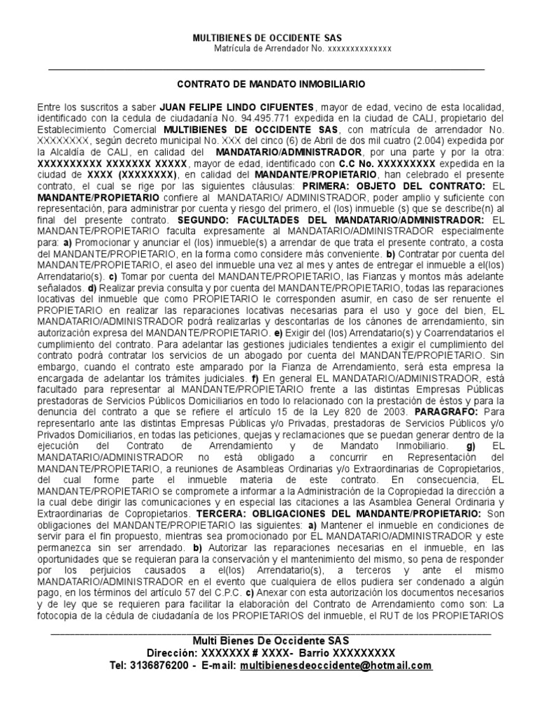 Contrato de Mandato Inmobiliario | Descargar gratis PDF | Alquiler | Póliza de seguros