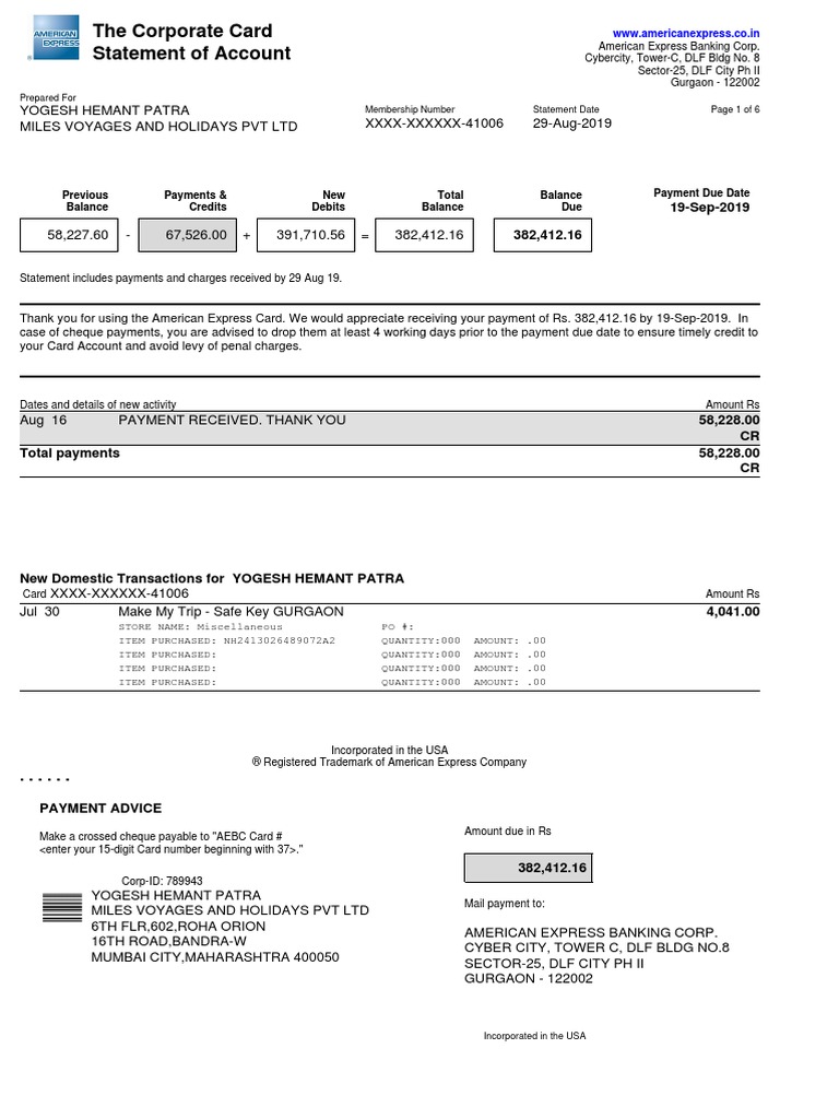 Amex Statement - Aug 2019 | PDF | American Express | Payments