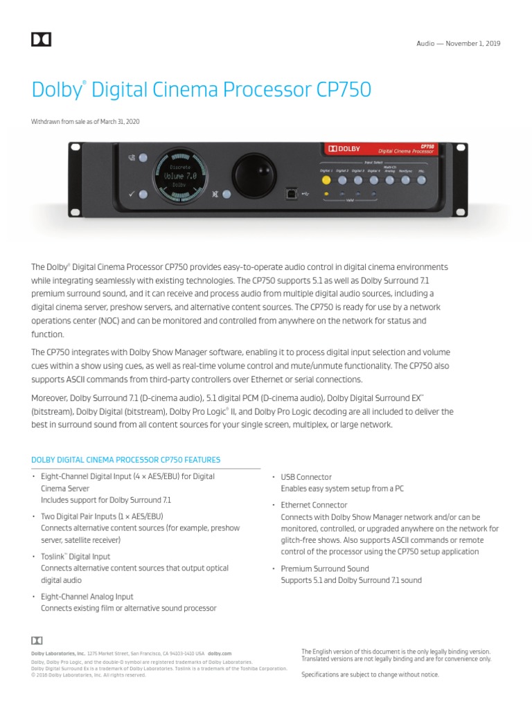 Dolby CP750 Product Sheet | PDF | Digital Audio | Computer Network
