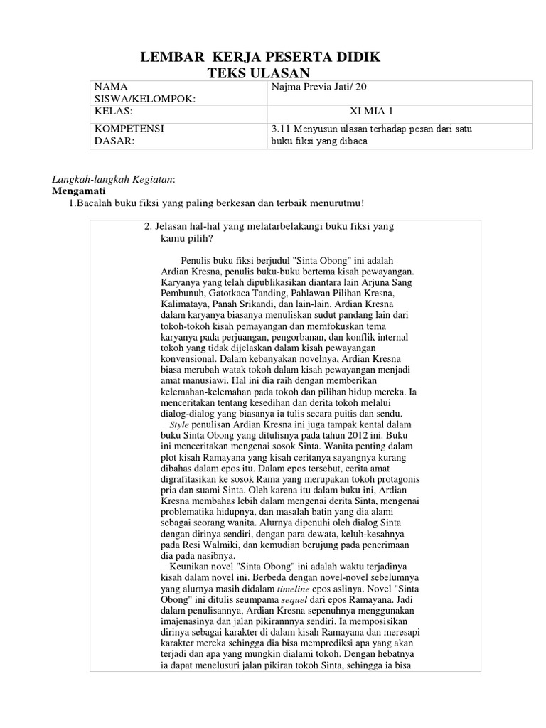 Resensi Buku Sinta Obong Ardian Kresna | PDF